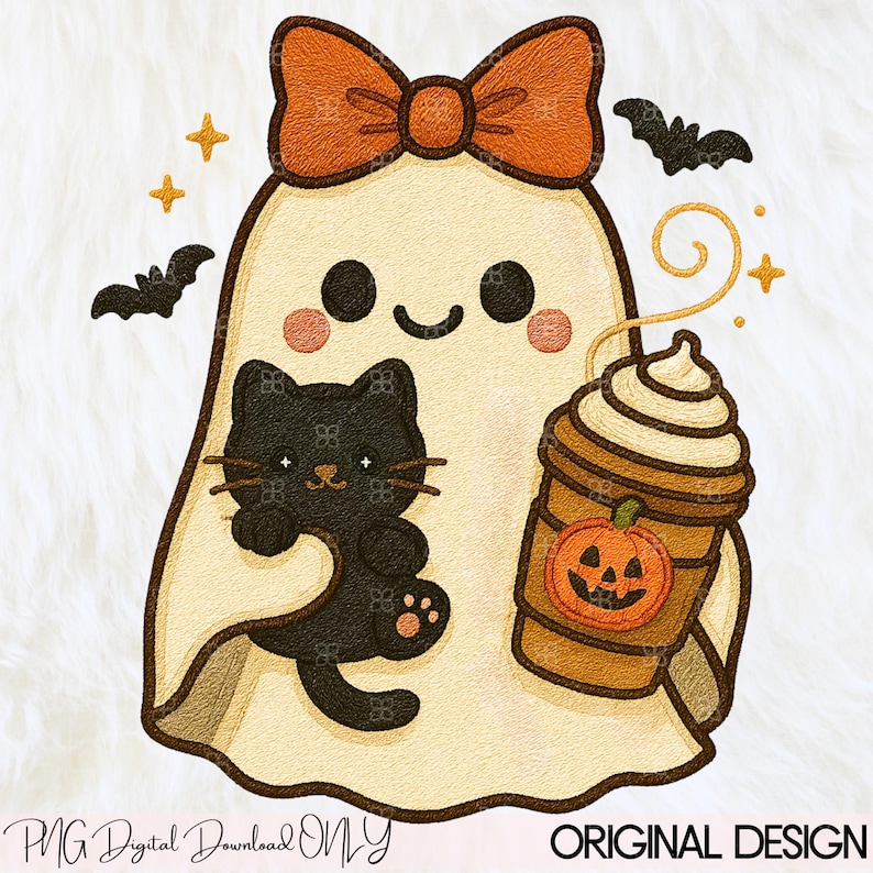 Cute Ghost With Cat and Pumpkin Spice Embroidery PNG, Kawaii Halloween ...
