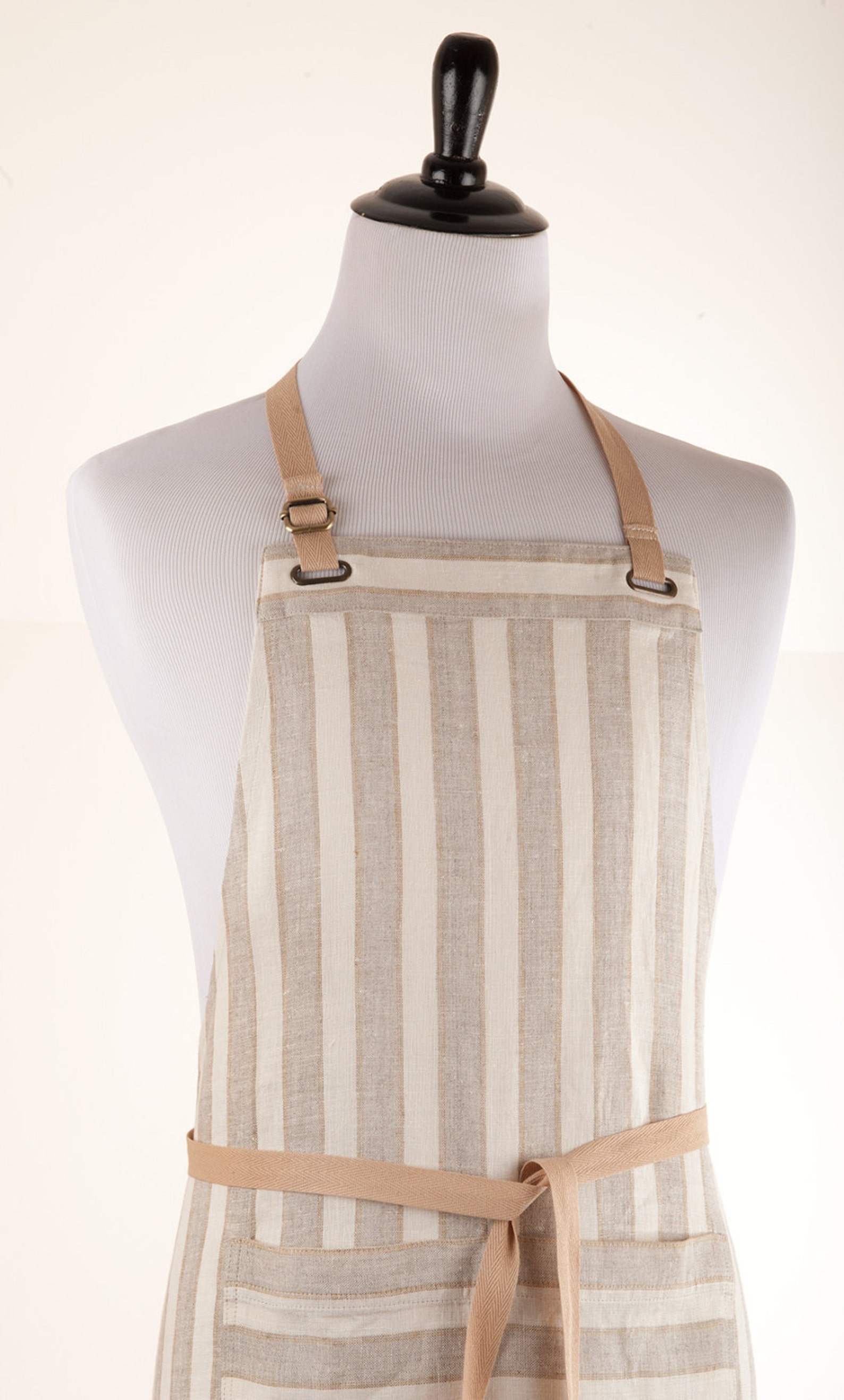 Linen Apron With Natural-ivory Color Wide Stripes. Chef Apron. Unisex ...