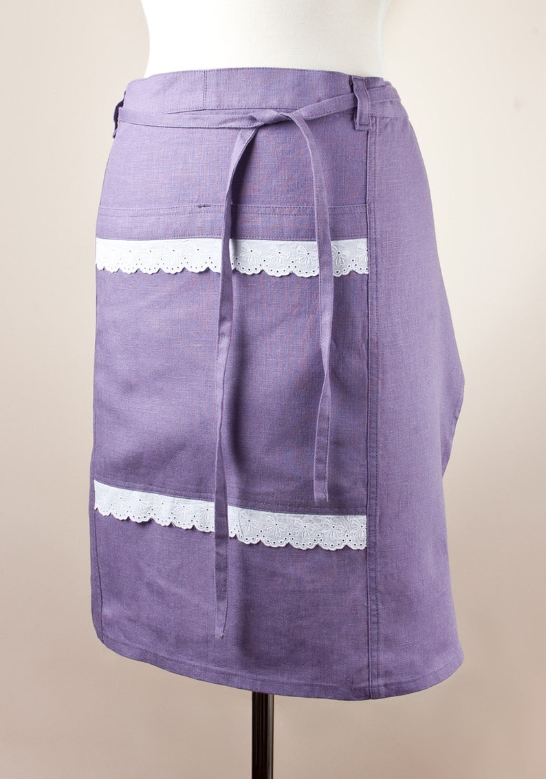 Linen Apron, Half Apron. Pastel Violet With Cotton Eyelet Lace Trim ...