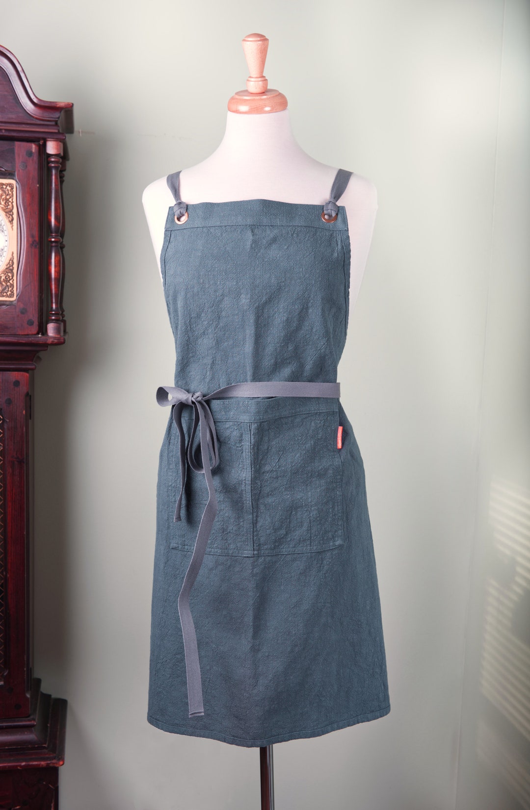 Linen Apron, Full Apron. Teal-gray Color Stonewashed. Made by Linen and ...