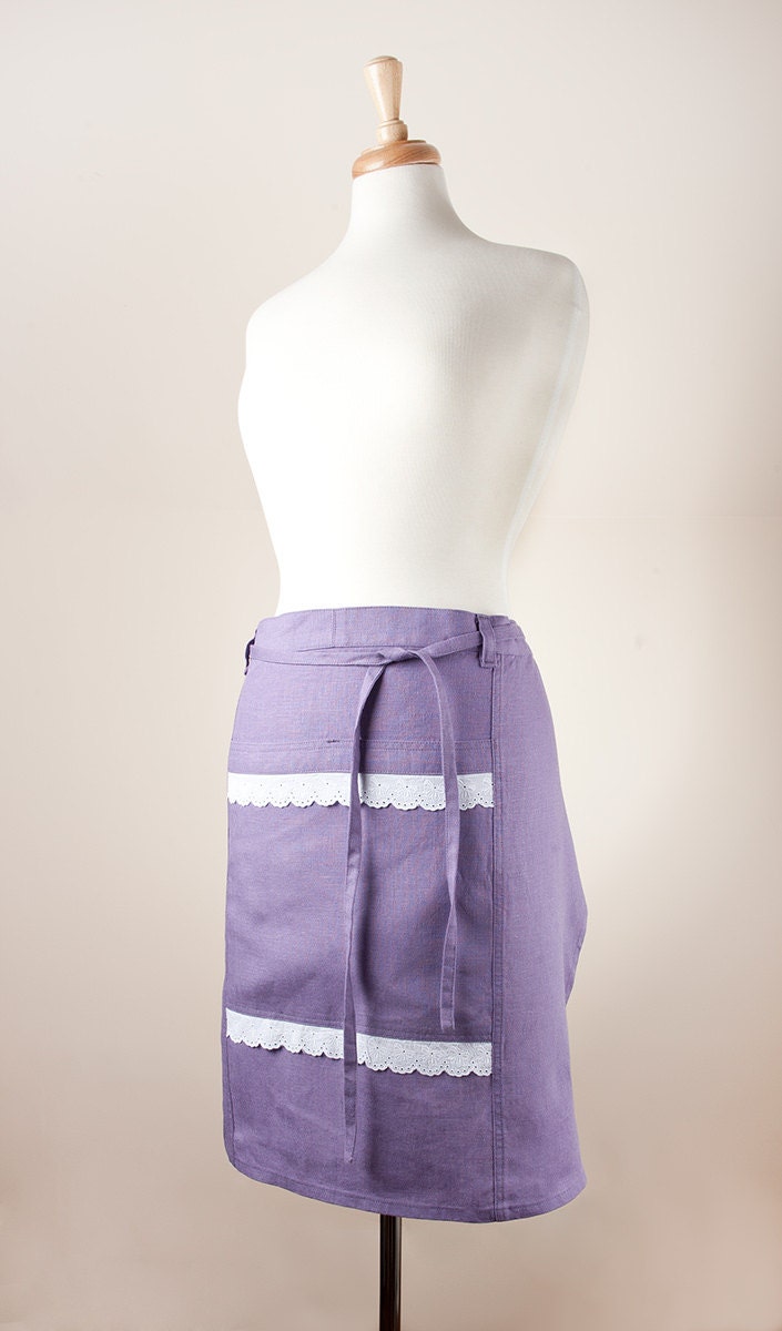 Linen Apron, Half Apron. Pastel Violet With Cotton Eyelet Lace Trim ...