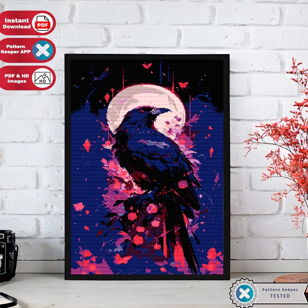 Full Moon Raven Cross Stitch Pattern Mystical Bird With Moonlight PDF ...