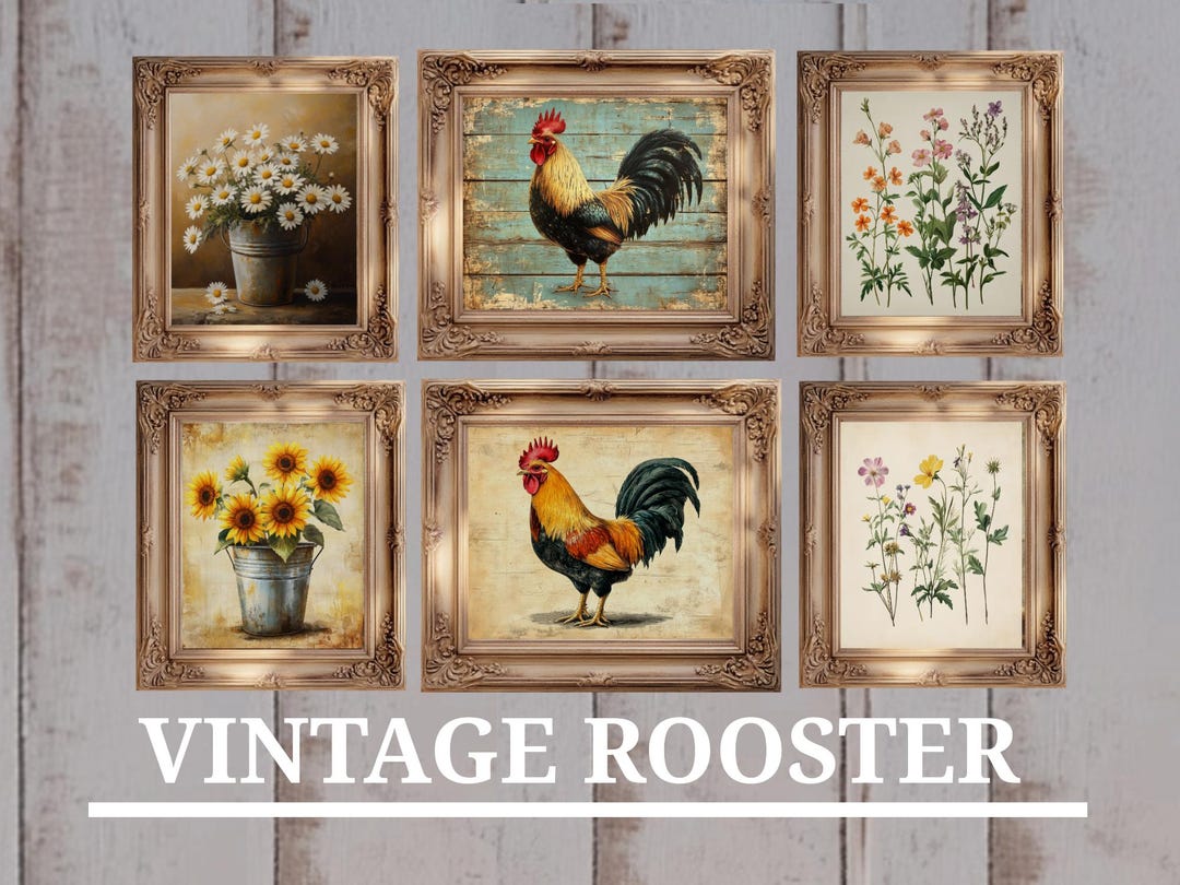 Vintage Rooster Kitchen Art Set of 6 Rustic Wall Decor Wildflower ...