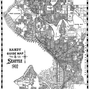 Vintage 1902 Seattle Guide Map, Orca Art, Illustration Hand-drawn Mixed ...