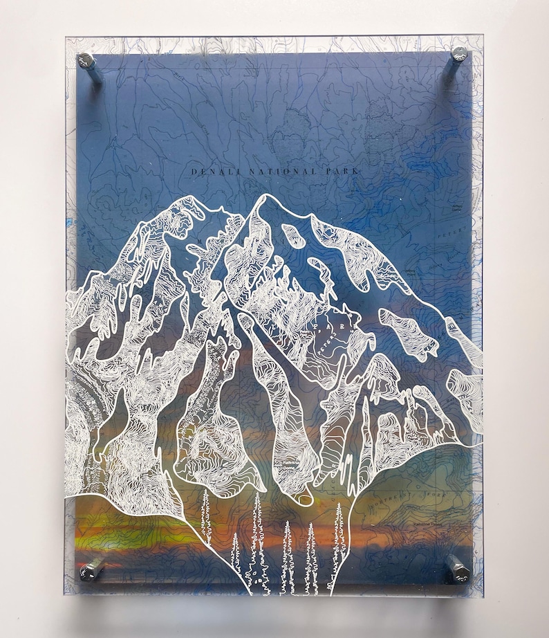 Denali / Mt. Mckinley - Illustrated Map Art, Made With Plexiglass, Ink ...