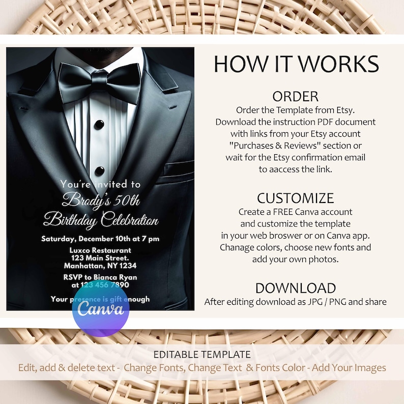 Tuxedo Birthday Invitation | Editable Formal Party Invite for Boys or ...