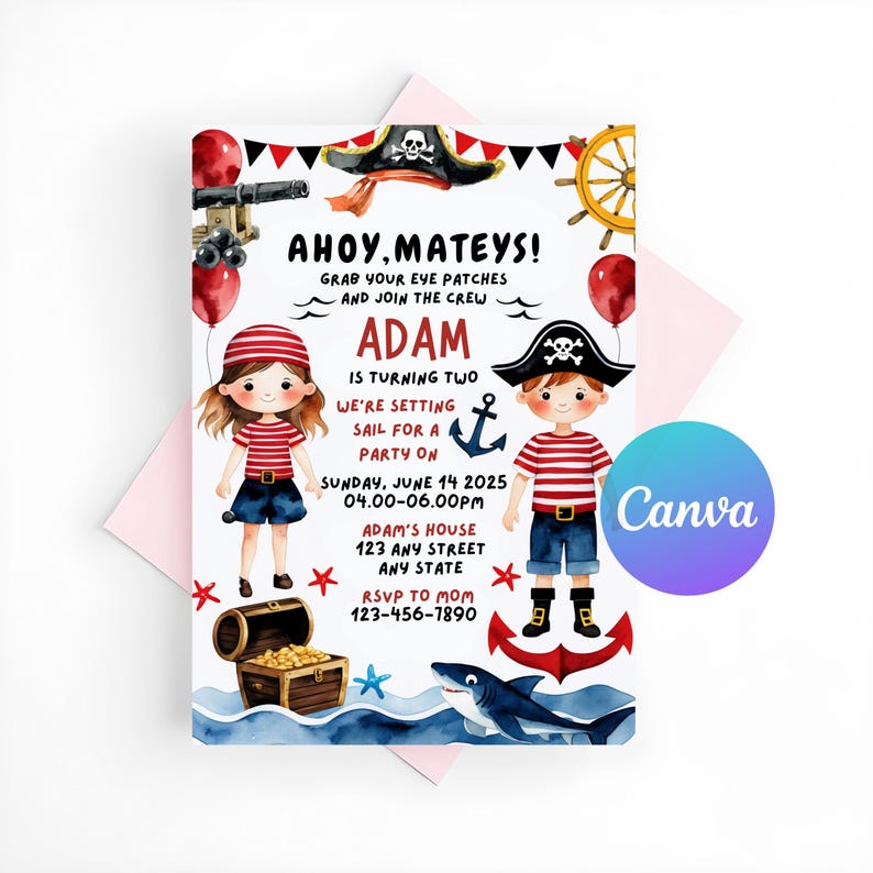 Editable Pirate Themed Birthday Invitation, Pirate Birthday Party ...