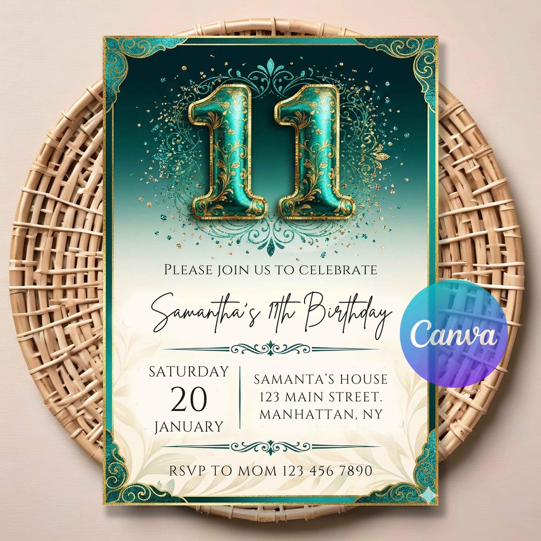 Sweet 11 Birthday Invitation Emerald Green Gold Floral | Teen Girl ...