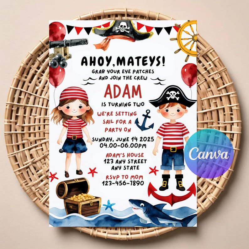 Editable Pirate Themed Birthday Invitation, Pirate Birthday Party ...