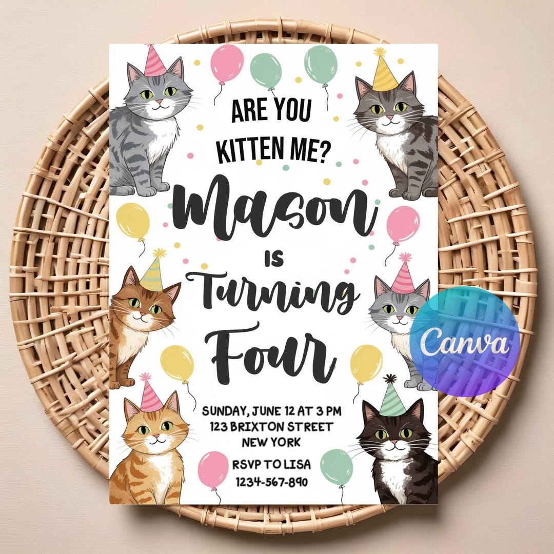 Editable Cat Birthday Invitation Template, Cat Theme Birthday ...