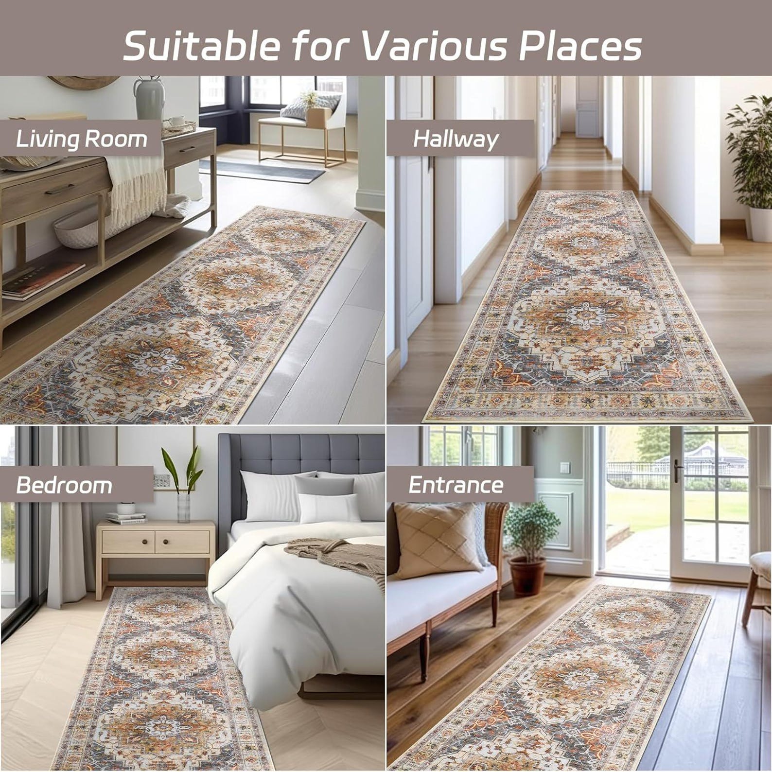 Luxury Beige and Gold Runner Rug, Marble Pattern Hallway Rug, Elegant ...