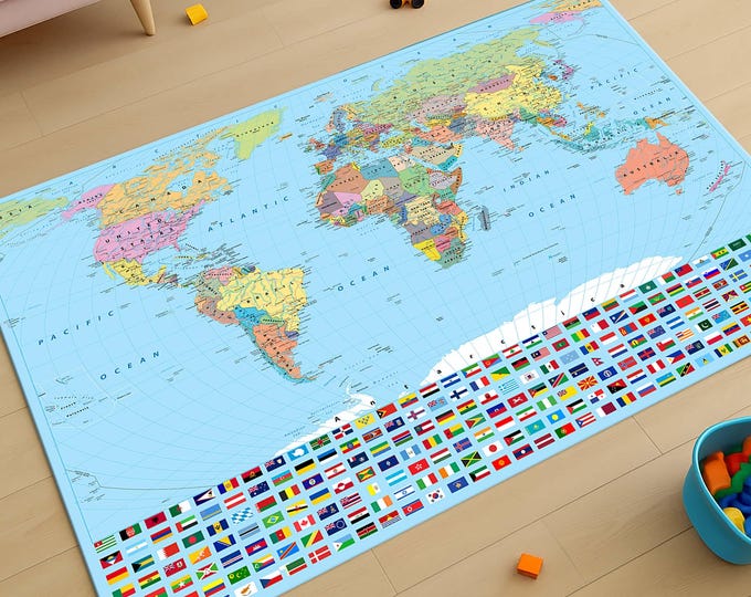 Map Rug, Educational World Map Rug, Kids Animal Learning Rug, Playroom ...