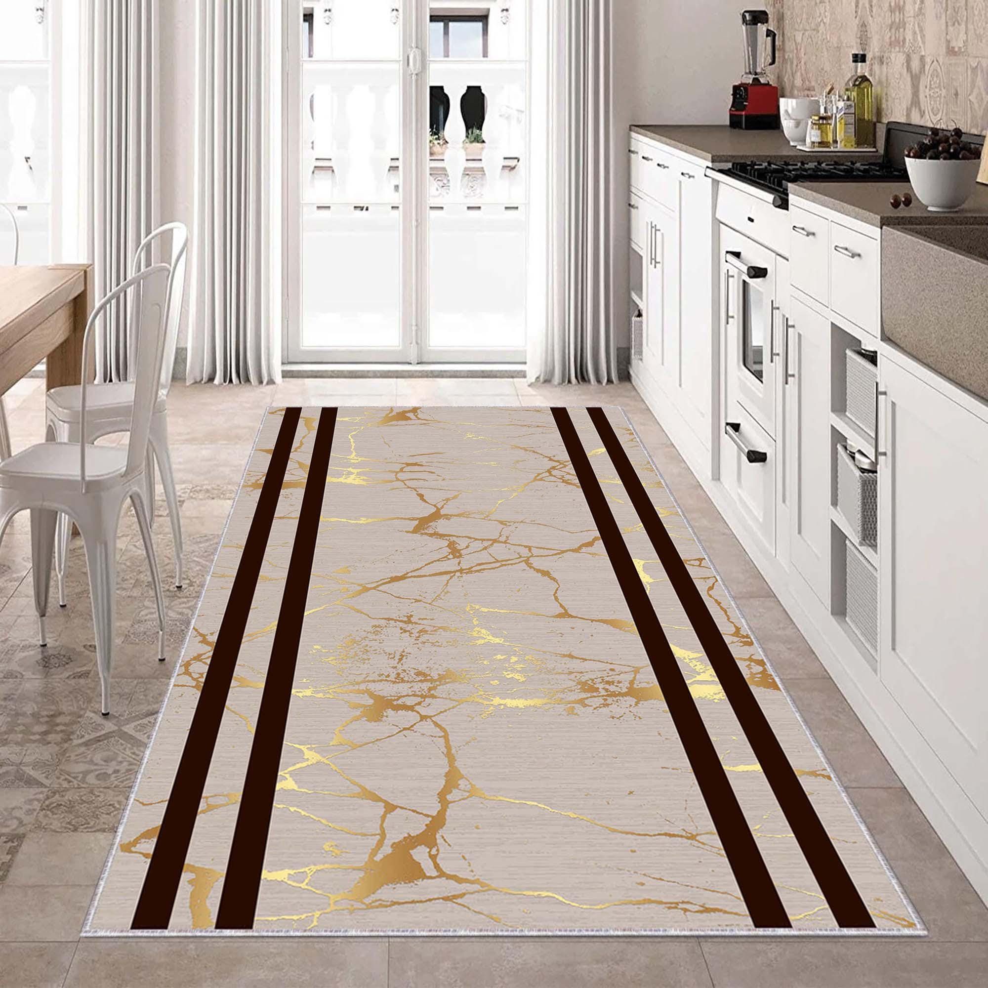 Luxury Beige and Gold Runner Rug, Marble Pattern Hallway Rug, Elegant ...