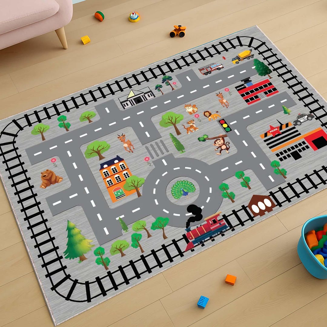 Kids Play Rug, City Map Rug, Train Track Rug, Fun Learning Rug, Toddler ...