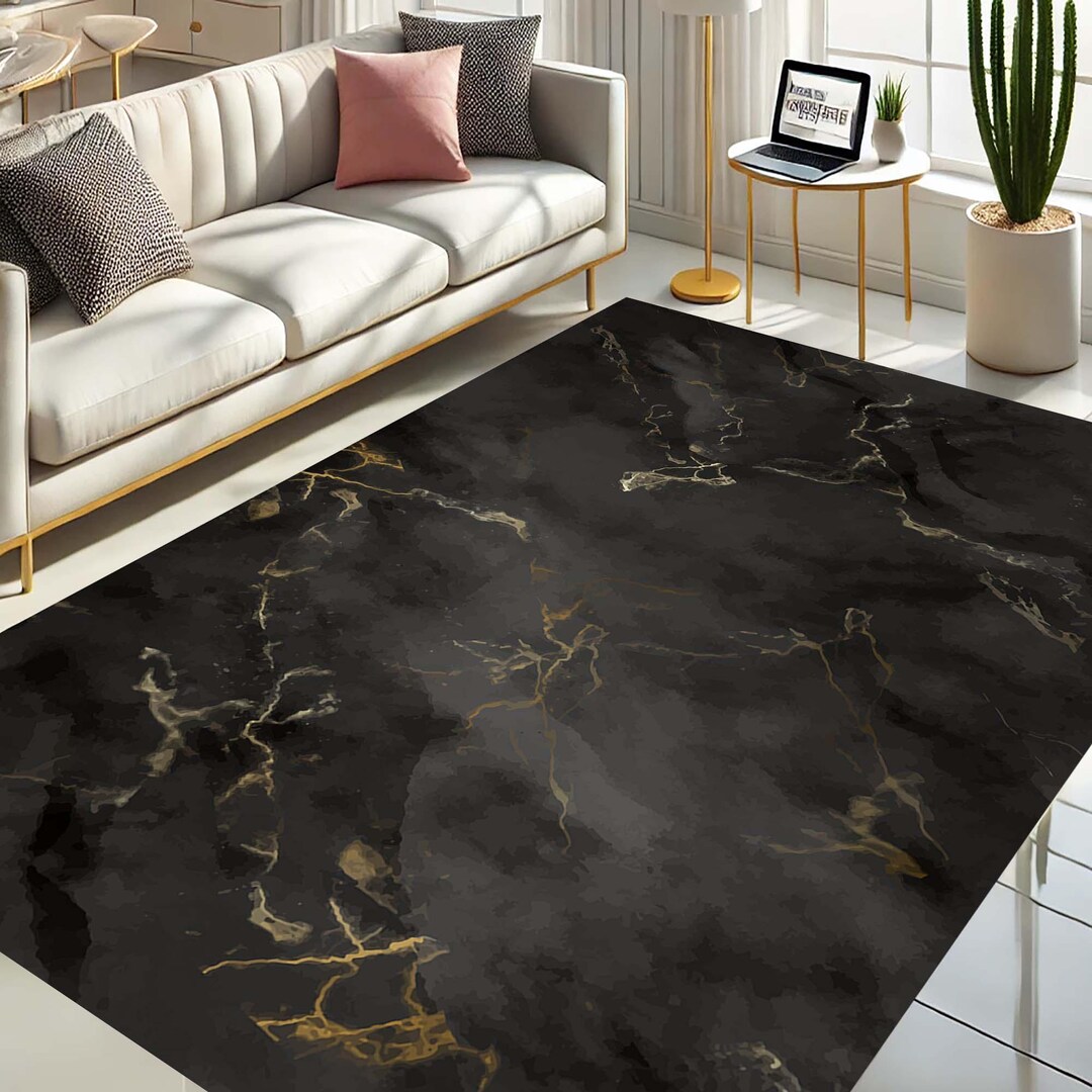 Luxury Black Marble Rug, Elegant Gold Vein Design, Modern Marble ...