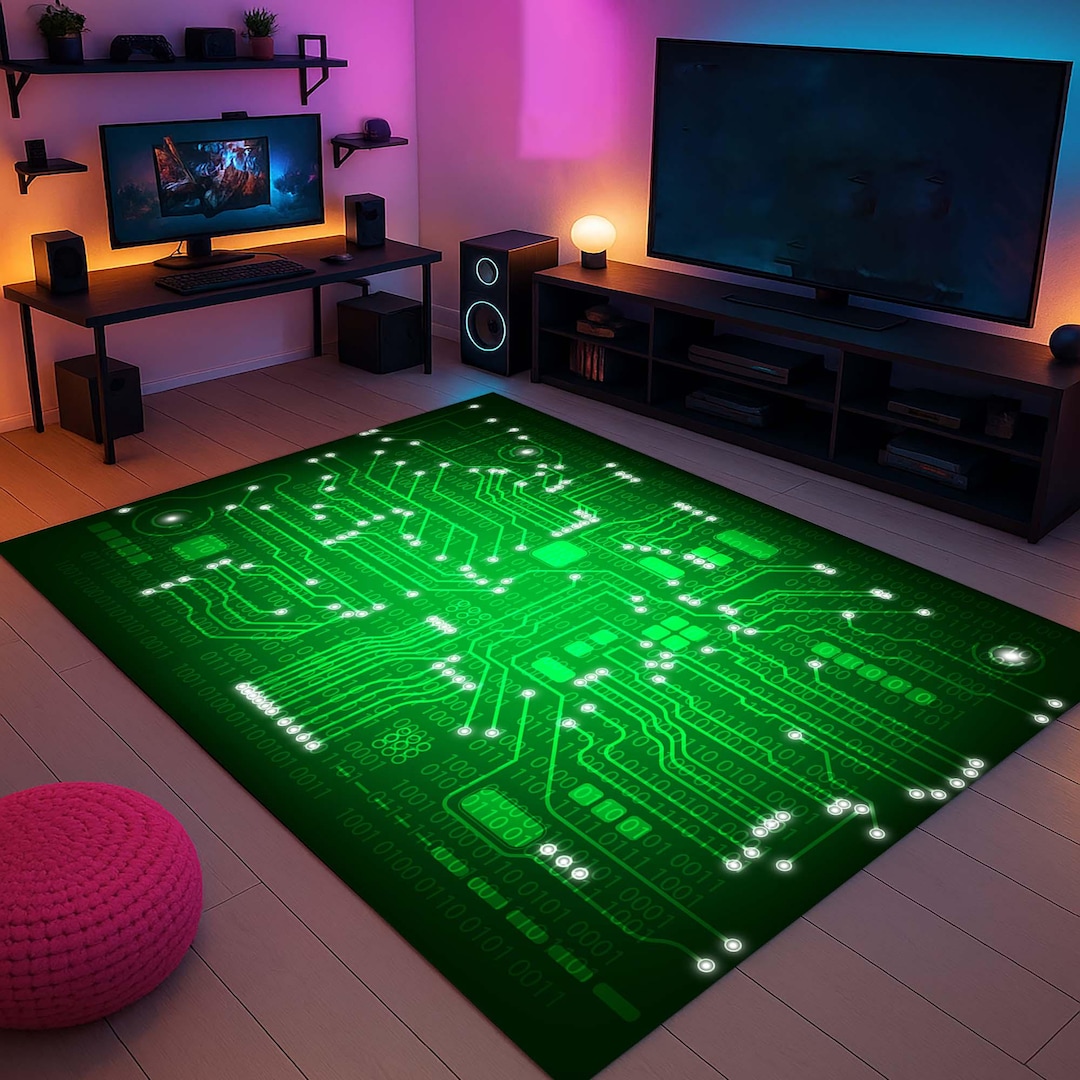 Circuit Board Rug, Tech Lover Gift, Gamer Room Decor, Green Digital ...