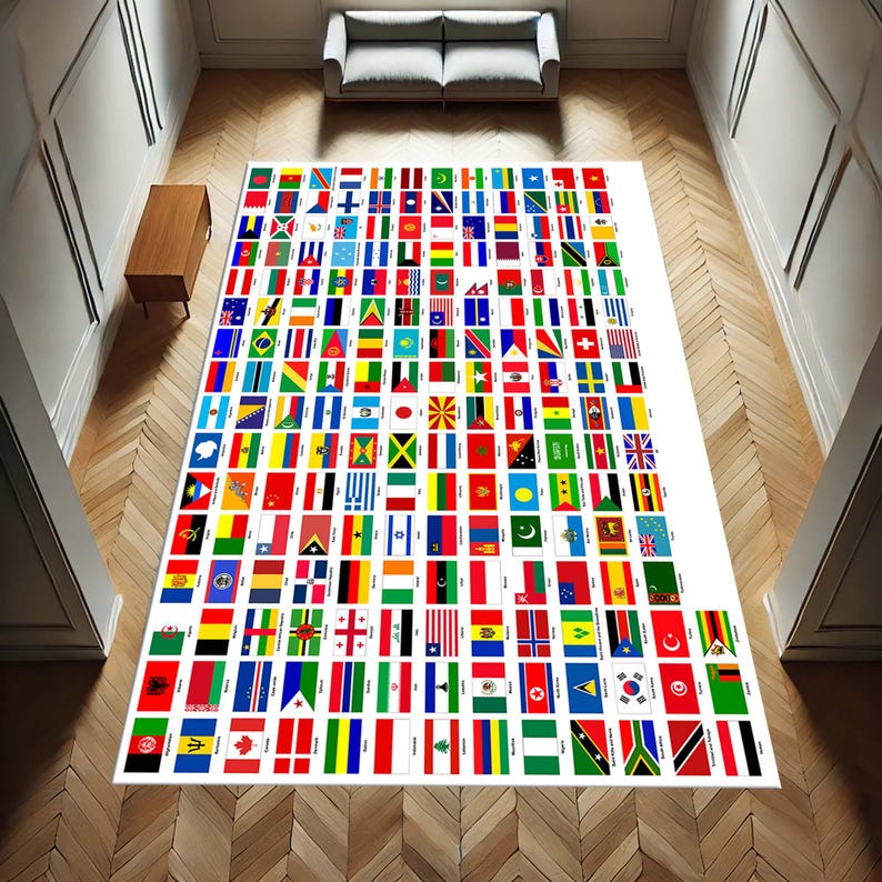 World Flags Rug, International Design, Vibrant Colors, Cultural Decor ...