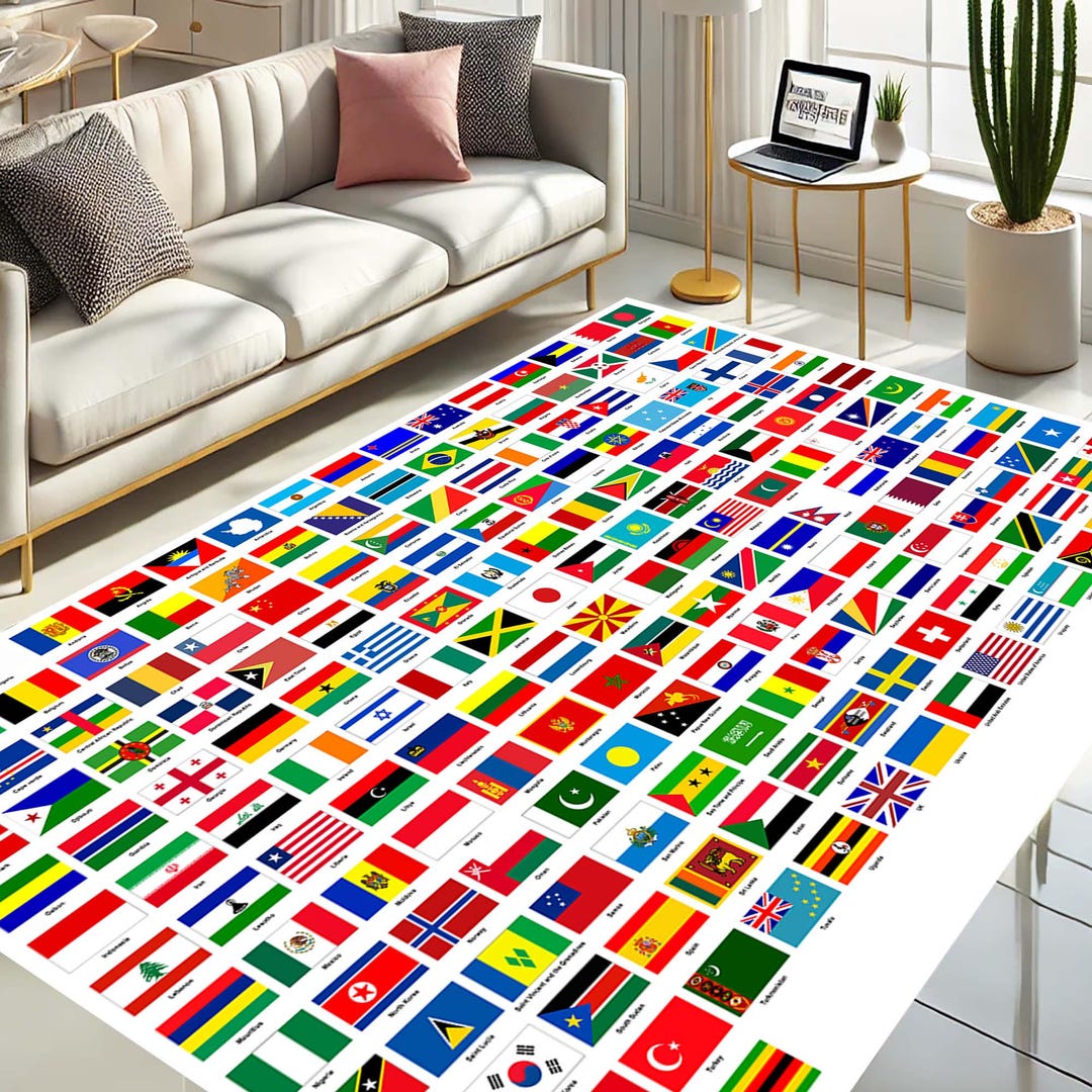 World Flags Rug, International Design, Vibrant Colors, Cultural Decor ...