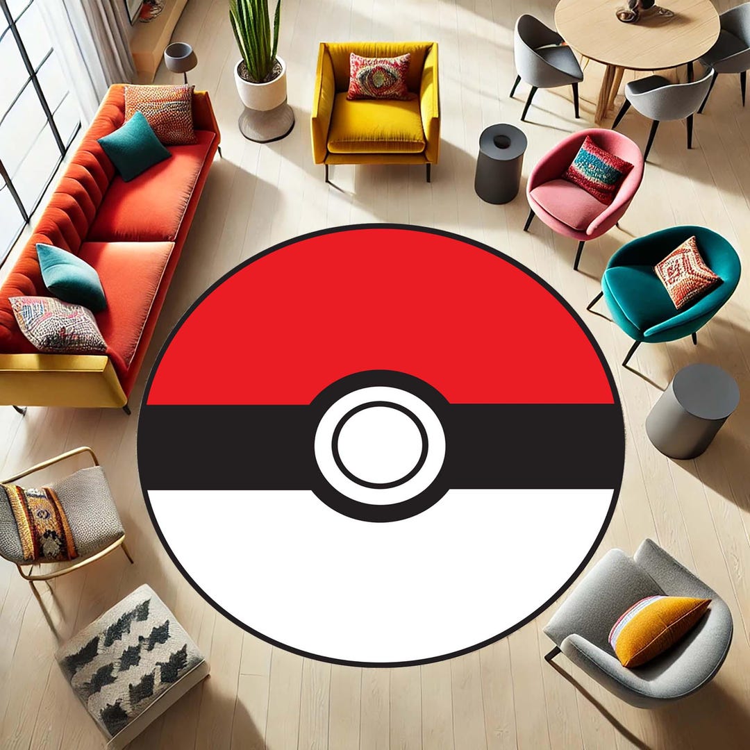 Pokeball Round Rug, Gamer Room Decor, Anime Themed Carpet, Kids ...
