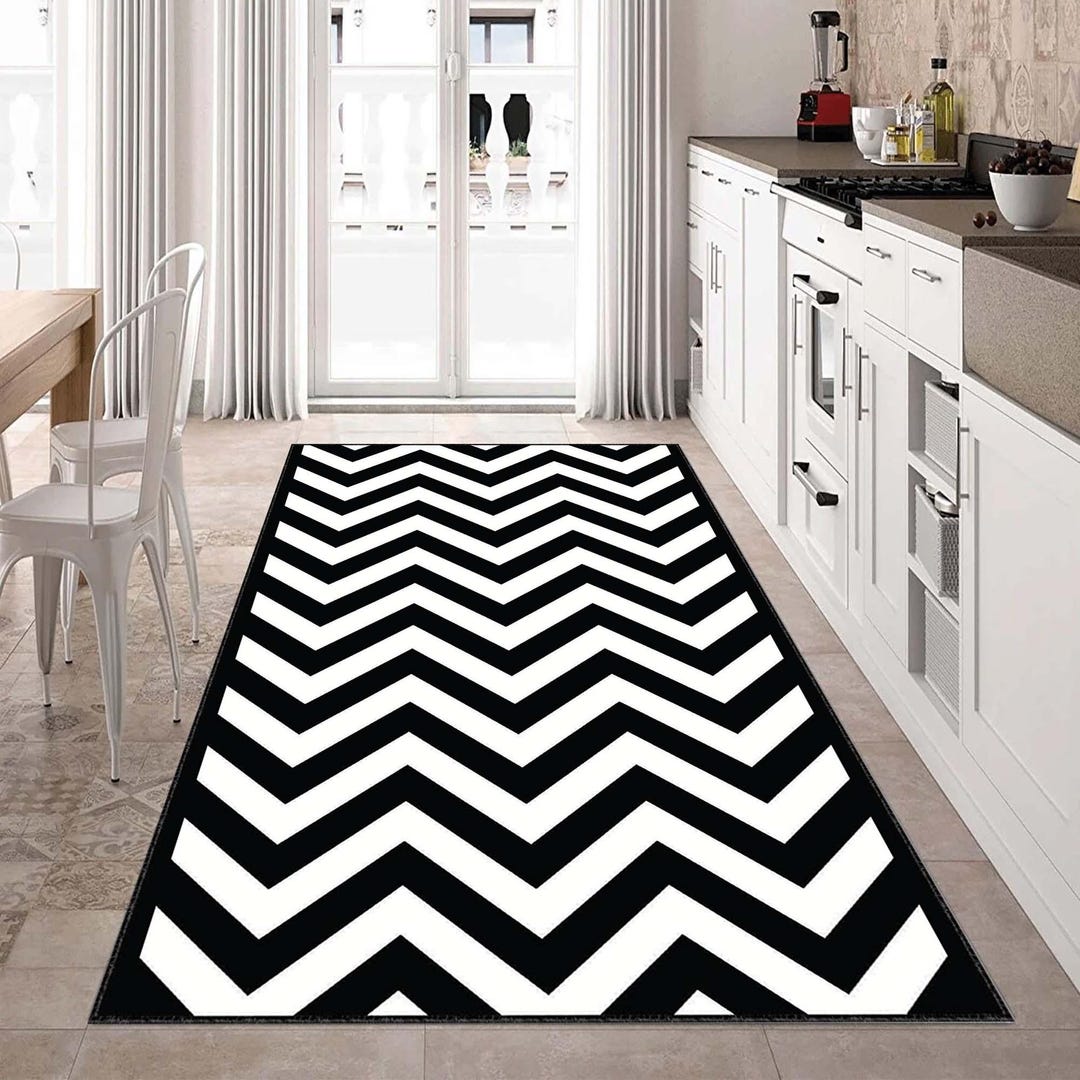 Black and White Chevron Runner Rug, Zigzag Pattern Hallway, Long Floor ...