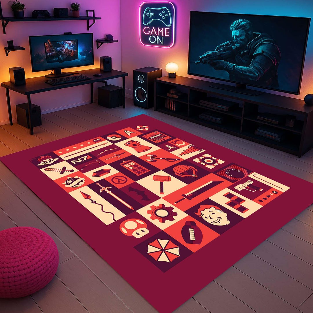 Geek & Gamer Themed Rug, Pop Culture Icons, Nerdy Room Decor, Gaming ...