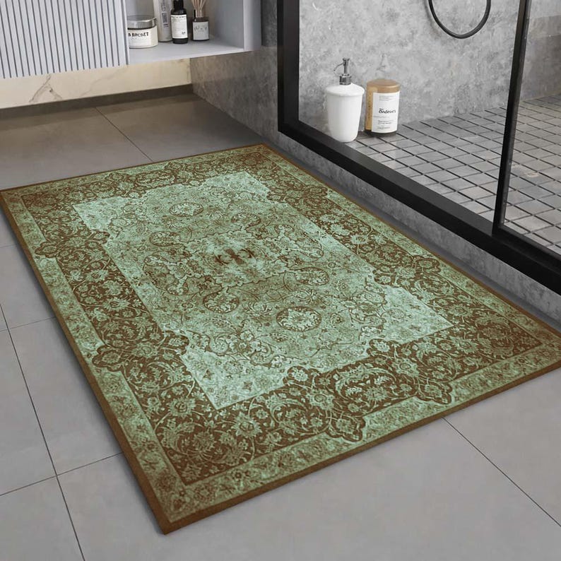 Vintage Style, Beige Green Tones, Antique Floral Bath Mat Rug - Etsy