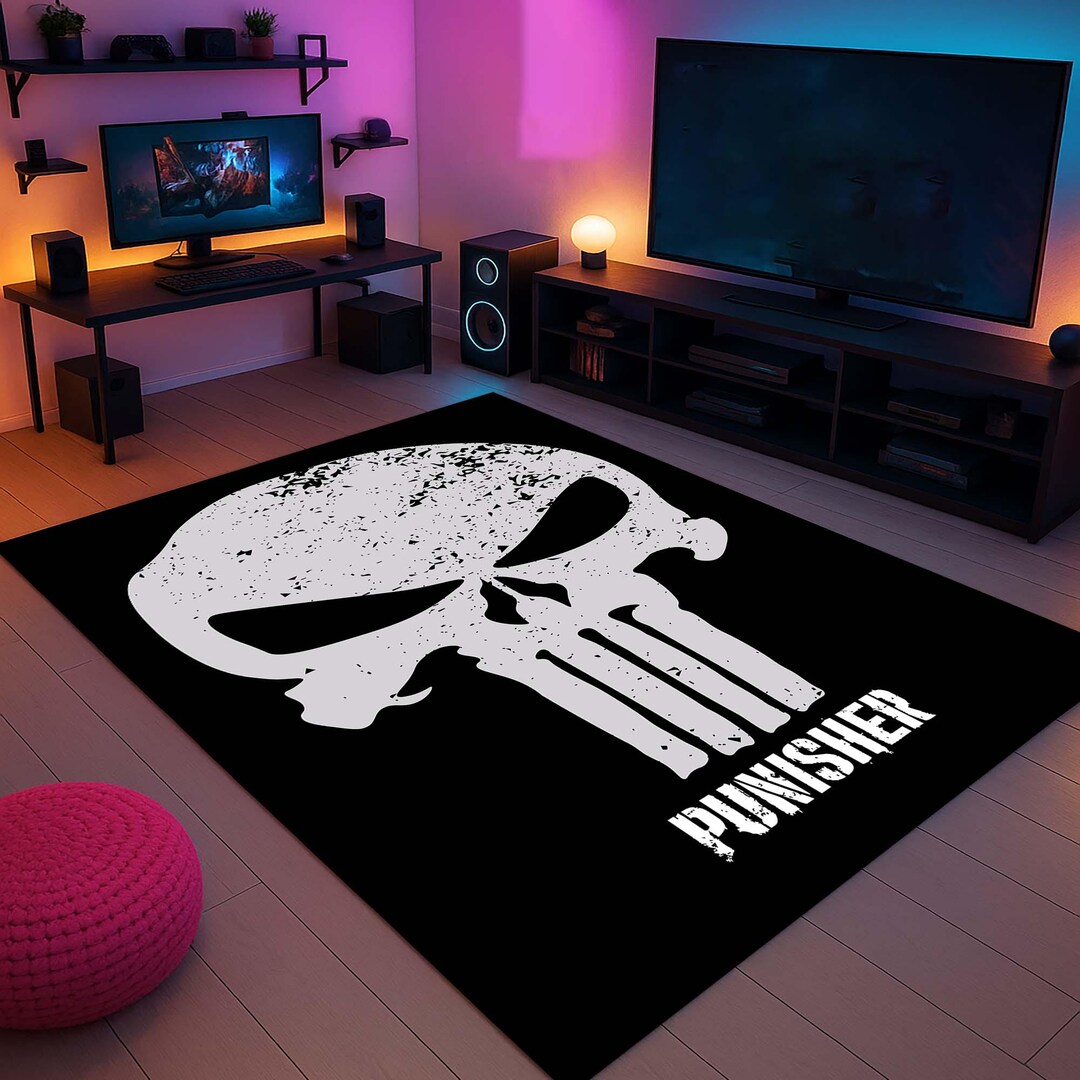 Punisher Skull Rug, Gamer Room Decor, Comic Book Rug, Superhero Carpet ...