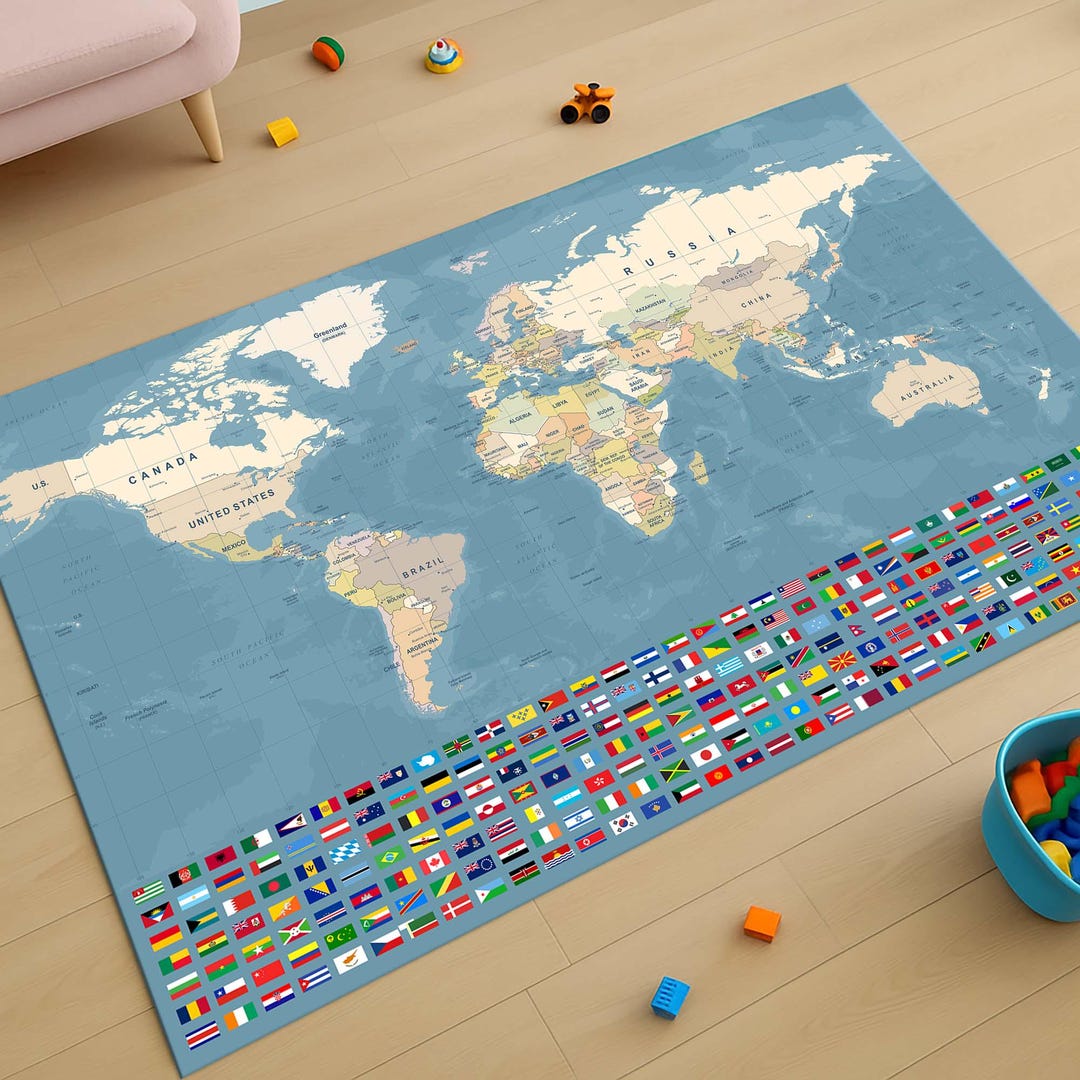 World Map Rug, Flag Learning Mat, Geography Rug, Educational Carpet ...