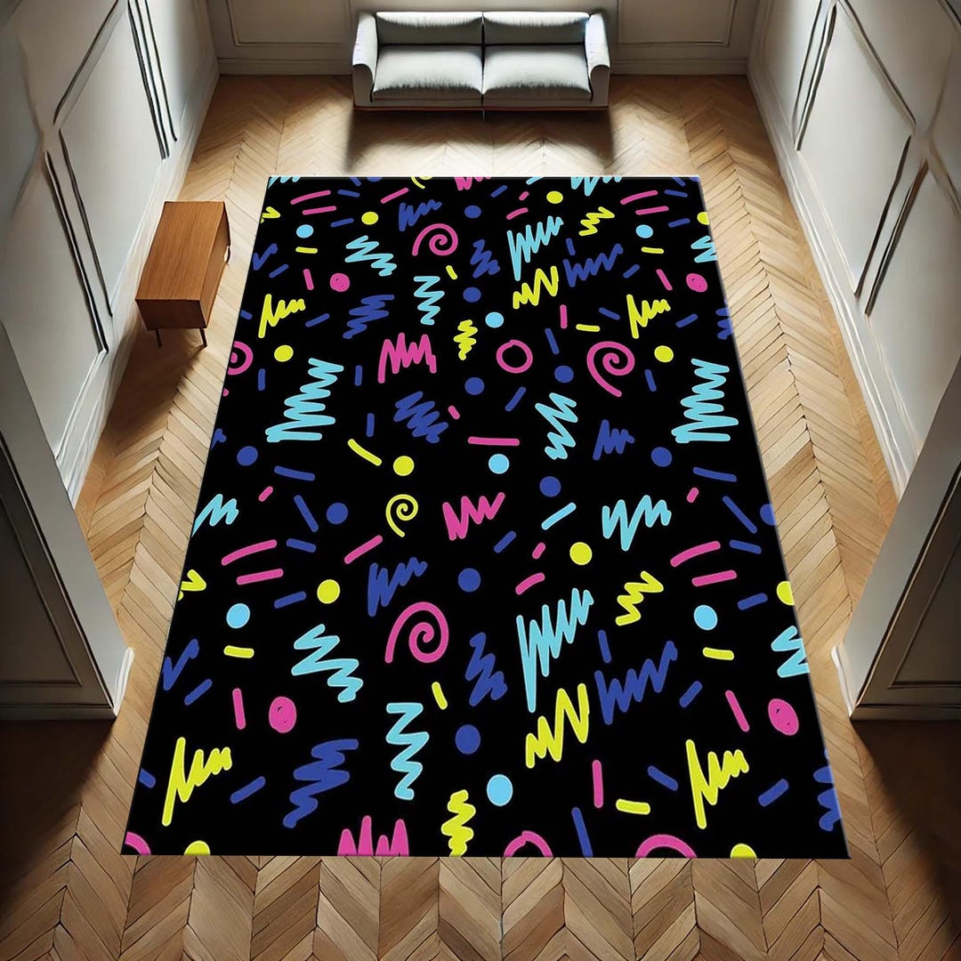 Retro Style Rug, 90s Vibe Decor, Colorful Floor Mat, Neon Room Rug ...