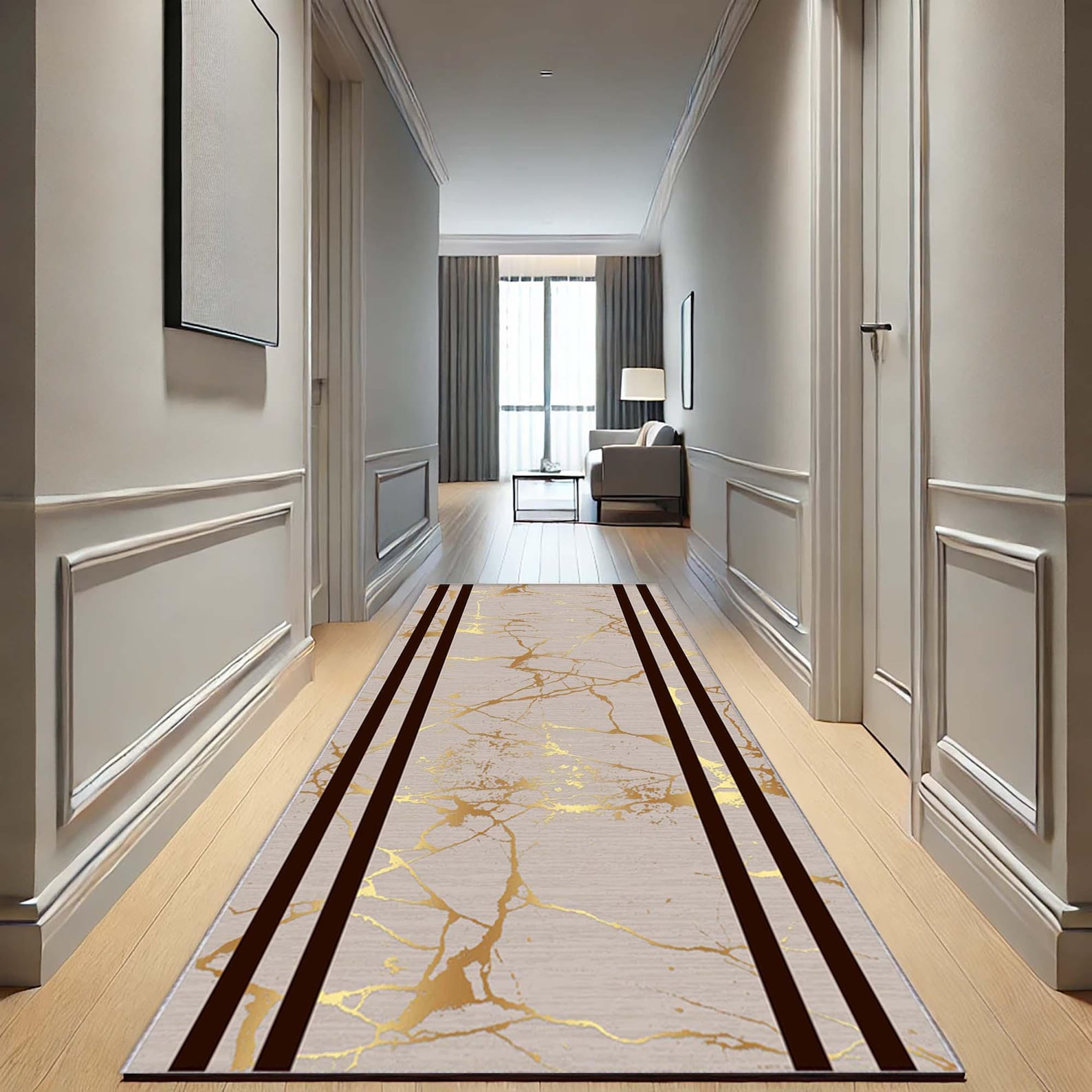 Luxury Beige and Gold Runner Rug, Marble Pattern Hallway Rug, Elegant ...