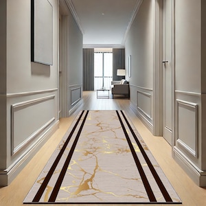Luxury Beige and Gold Runner Rug, Marble Pattern Hallway Rug, Elegant ...