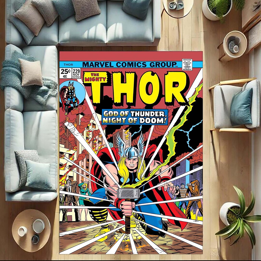 Super Hero Comic Book Cover Design, Retro Superhero Carpet, Thor Rug ...