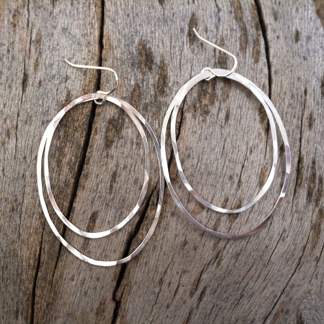 Large Sterling Silver Double Hoop Earrings: Hand-forged Boho Hoops - Etsy
