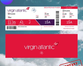 Editable Virgin Atlantic Airlines Ticket Template, Custom Ticket ...