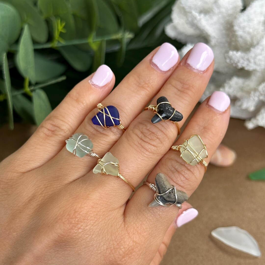 Wire Wrapped Ocean Rings | Shark Tooth Ring | Sea Glass Ring | Dainty Beach Rings | Ocean Rings ...