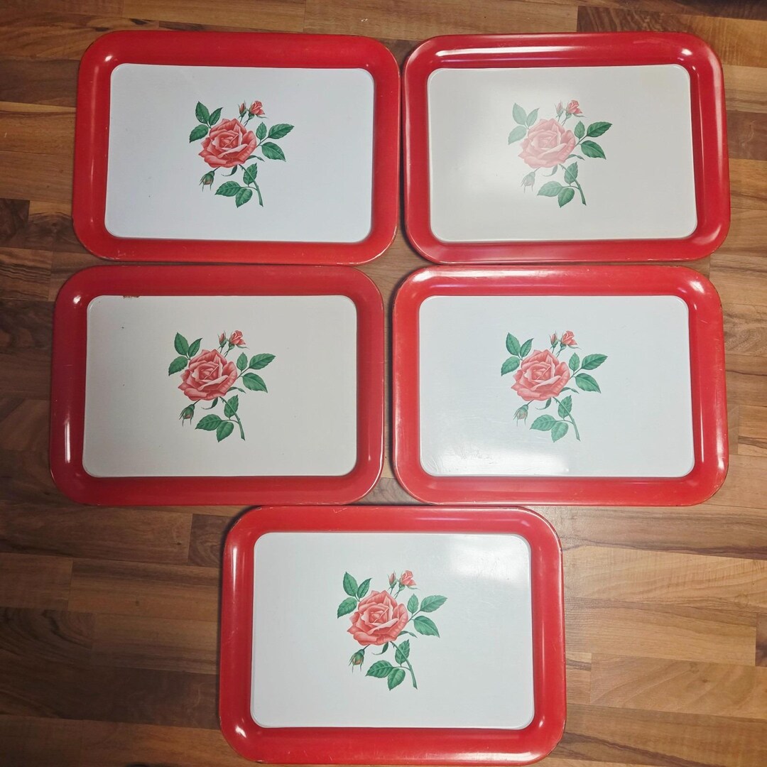 Vintage Red Metal Serving Trays Floral Rose 17.5x12.75 Cottagecore Lot ...