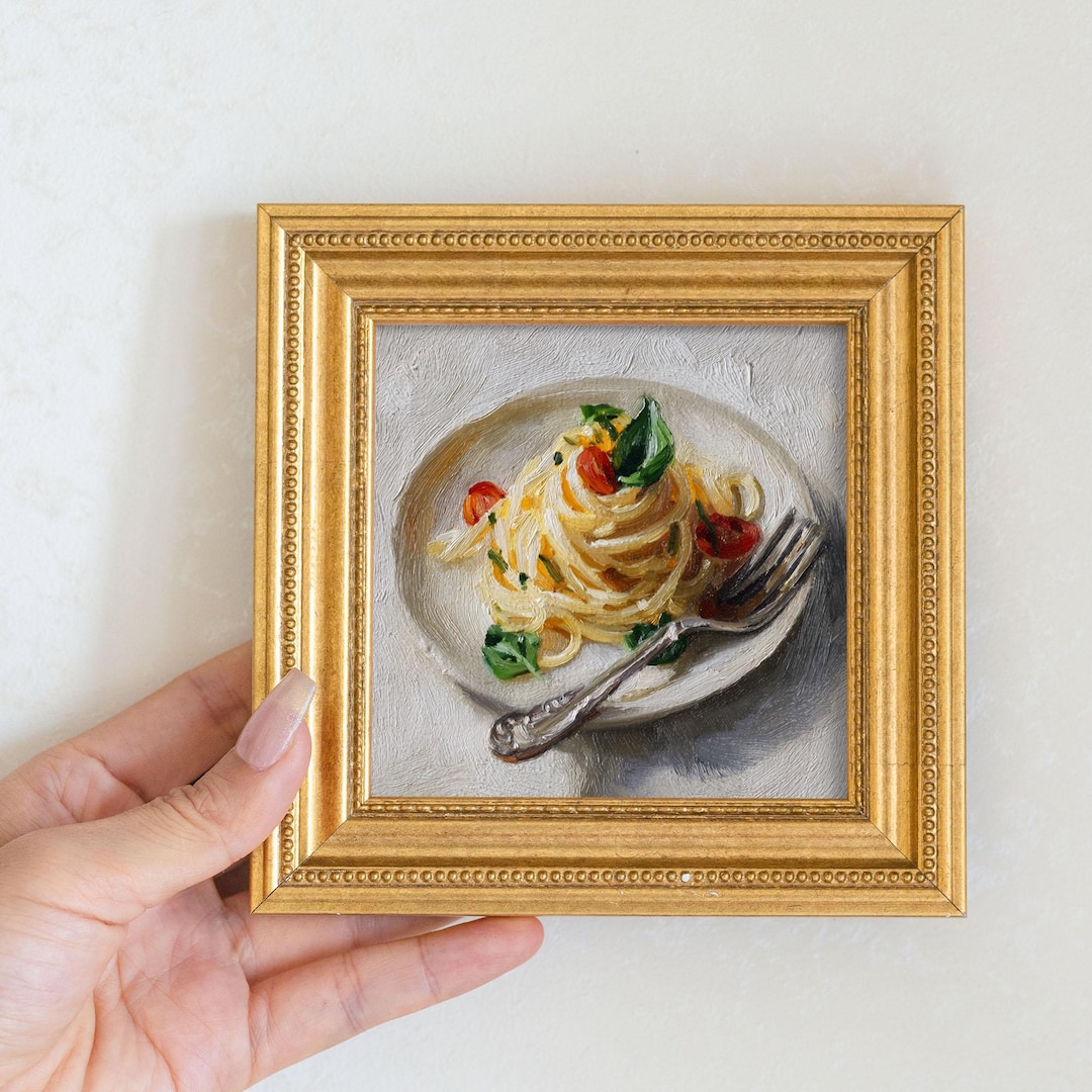 Mini Oil Painting of Farfalle Pasta in Gold Frame, Realistic Dining Art ...