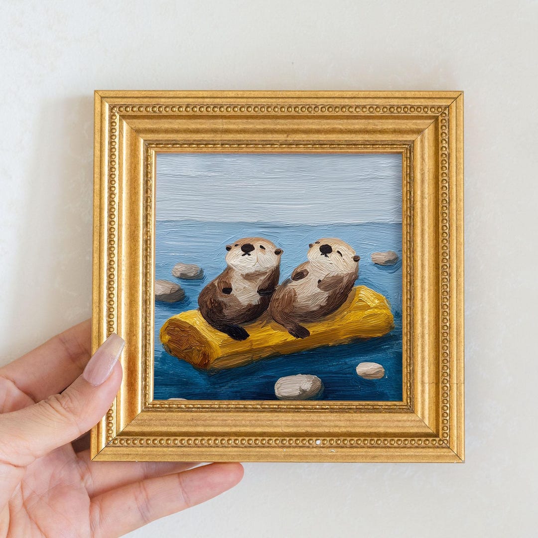 Small Original Otter Pair Oil Painting, Hand Painted Wildlife Artwork ...