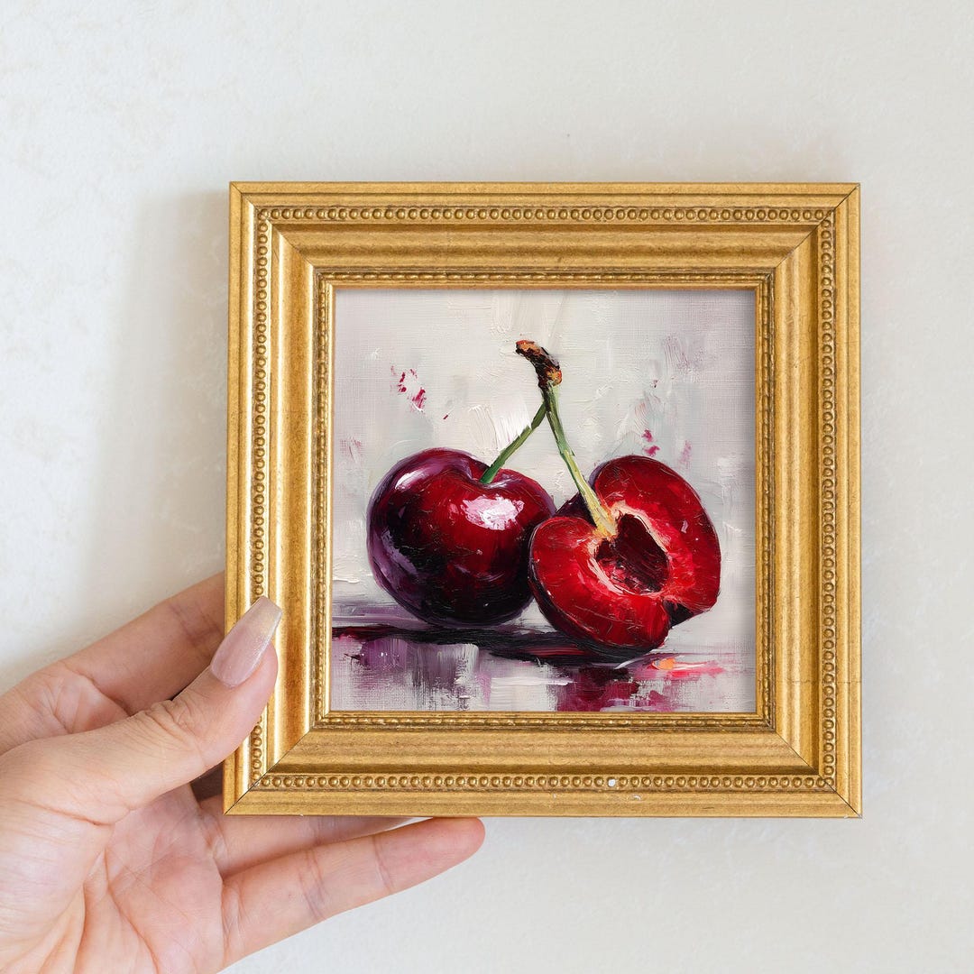 Still Life Cherry Oil Painting: Kitchen Wall Art Decor, 5X5 Canvas ...