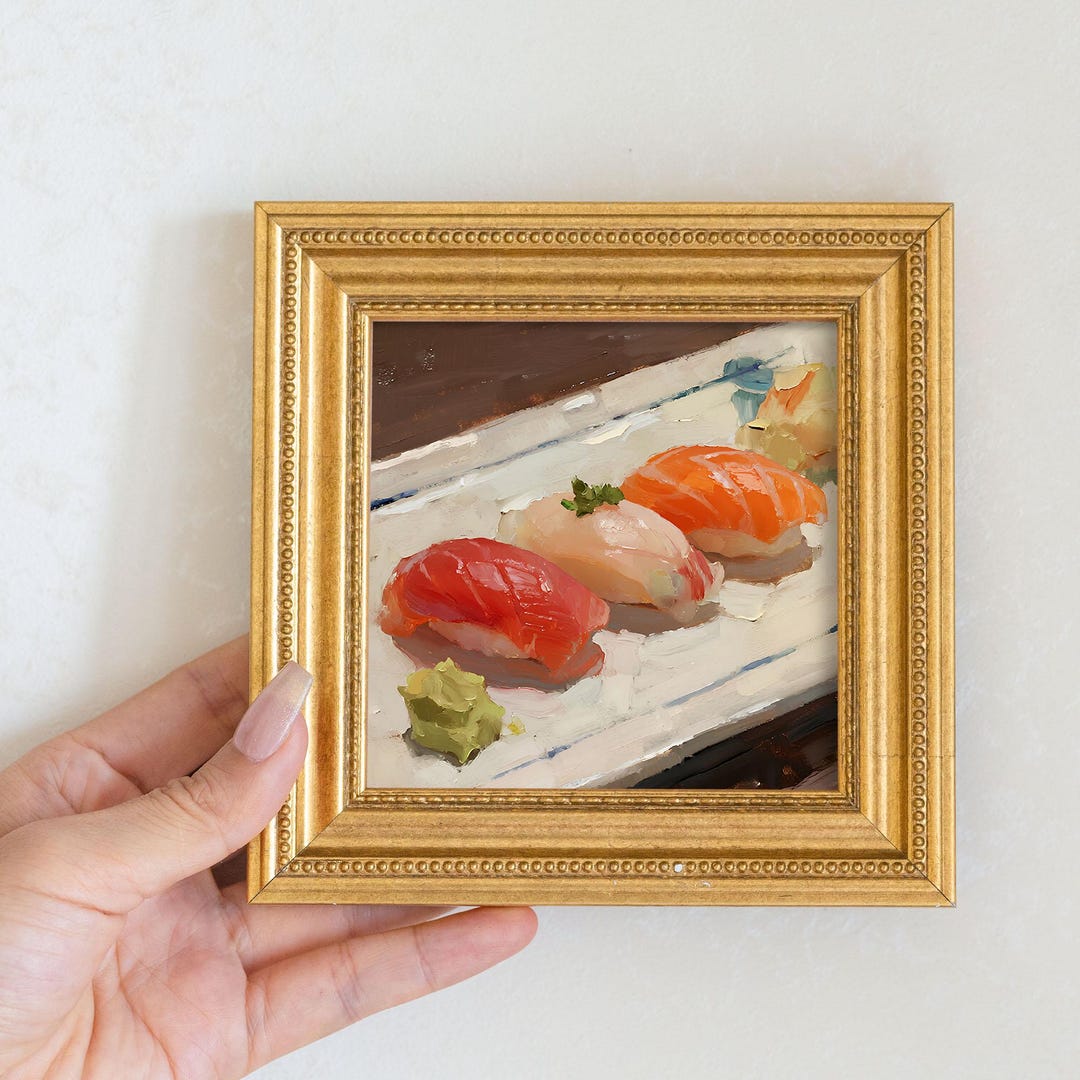 Mini Sushi Plate Oil Painting: Gourmet Kitchen Art, Gold Frame - Etsy