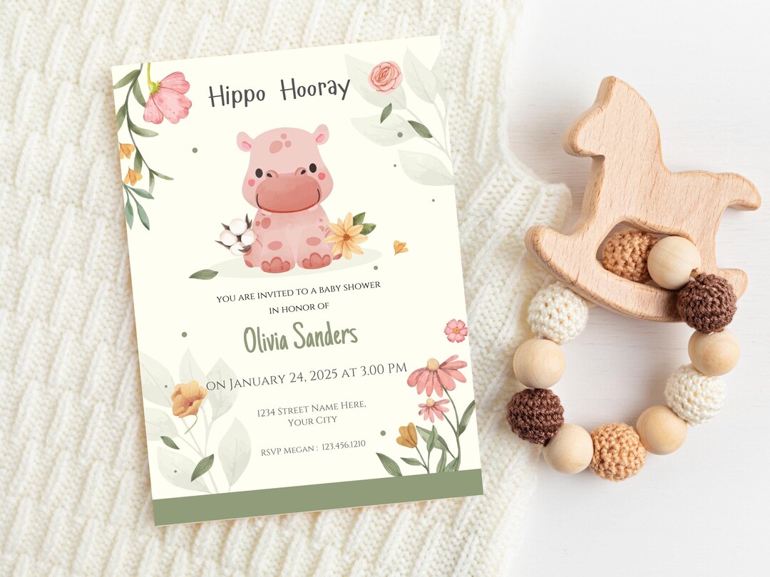 Hippo Baby Shower Invite, Safari Animal, Little Hippo, Digital Download ...