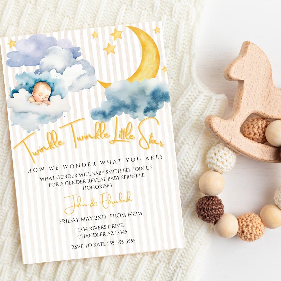 Celestial Gender Reveal Invitation: Twinkle Star Moon Design, Editable ...