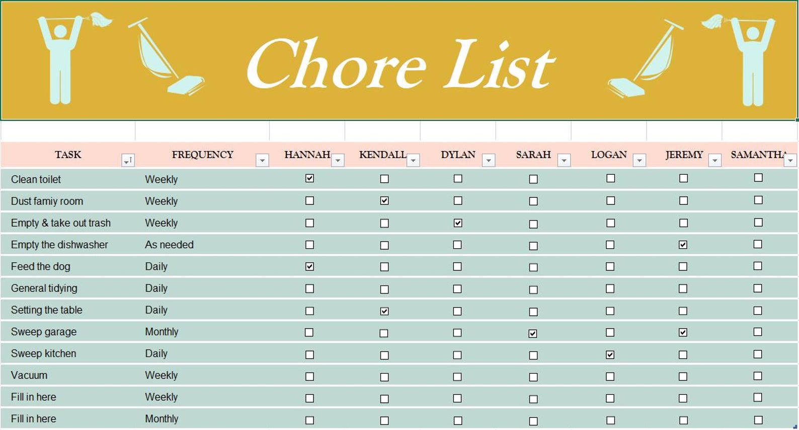 Family Chore Planner: Printable Spreadsheet for Home Organization ...