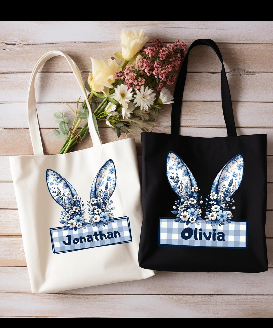 Personalized Easter Blue Bunny Cotton Canvas Tote Bag, Gift for Easter ...