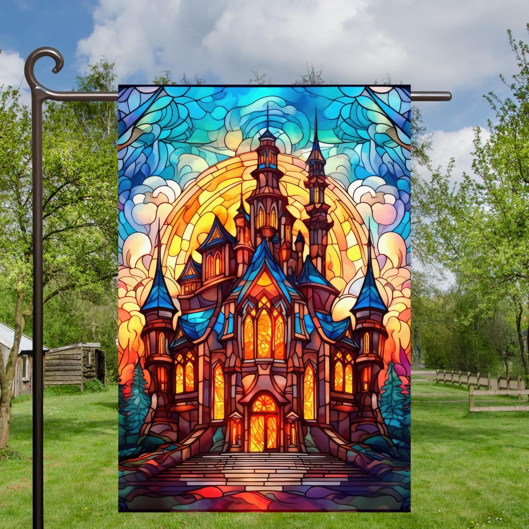 Enchanted Castle Garden Flag Stained-glass Party Decor Whimsical Wall ...