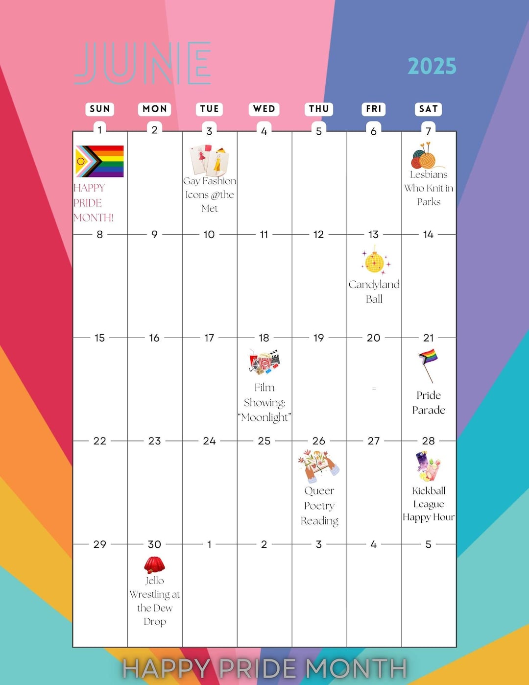 Happy Pride Month June 2025 Calendar Monthly Planner - Etsy