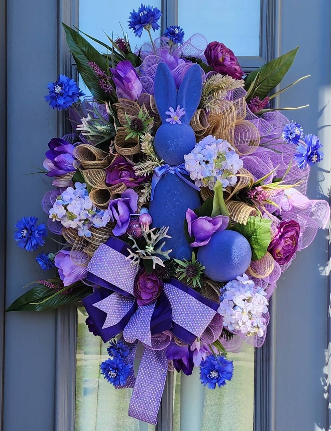 Flocked Bunny Wreath, Purple Easter Bunny, Happy Easter Decor, Easter ...