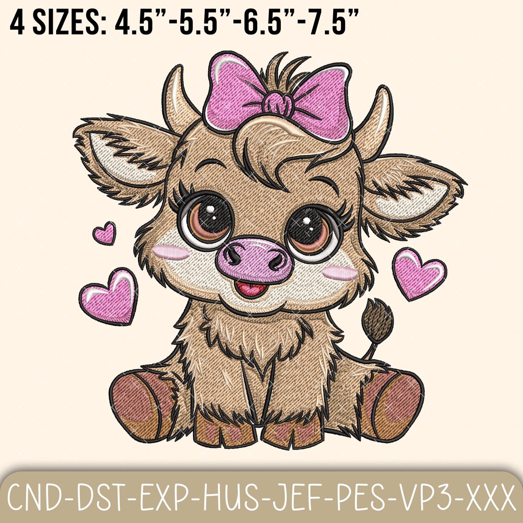 Highland Cow Embroidery Design, Baby Girl Cow Embroidery Designs, Farm ...