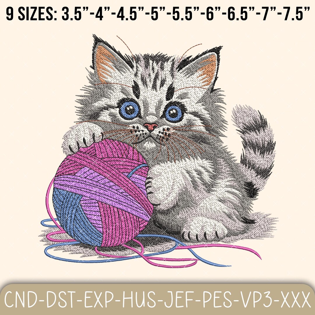 Cat Machine Embroidery Design, Cat With Wool Rool Embroidery Design ...