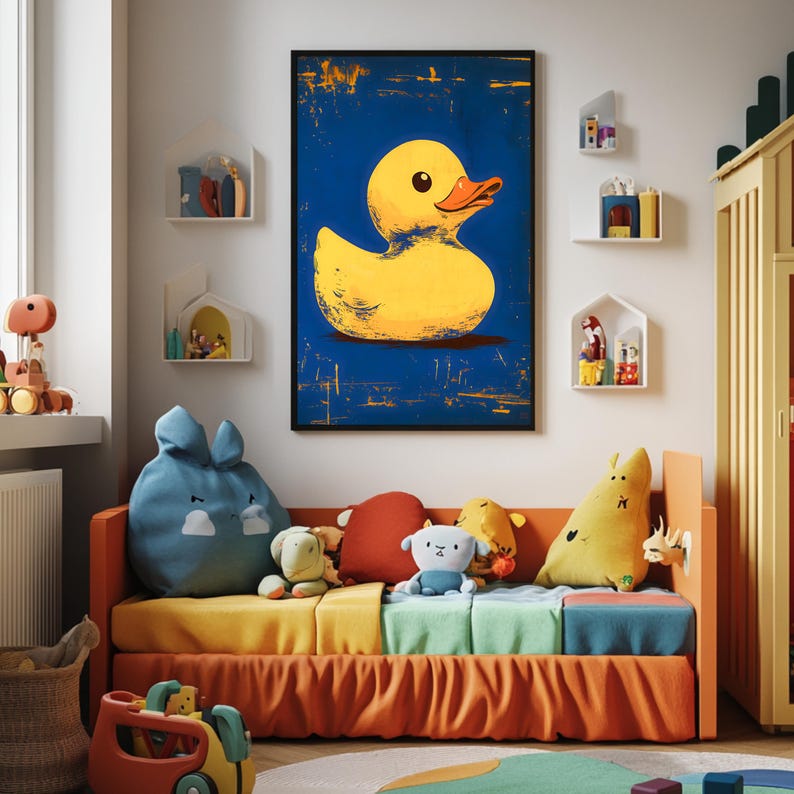 Retro Pop Art Rubber Duckie Print – Yellow Duck on Bold Blue Background ...